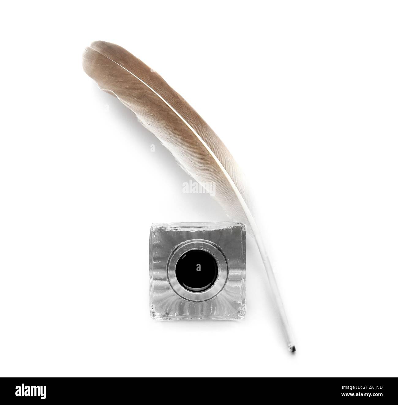 Feather pen and inkwell on white background, top view Stock Photo - Alamy