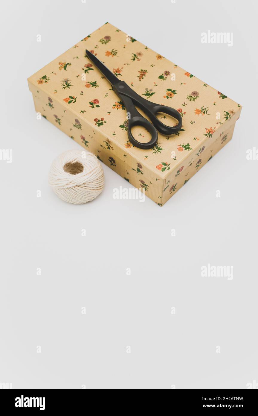 decorated paperboard box with lid decorative yarn and scissors o Stock ...