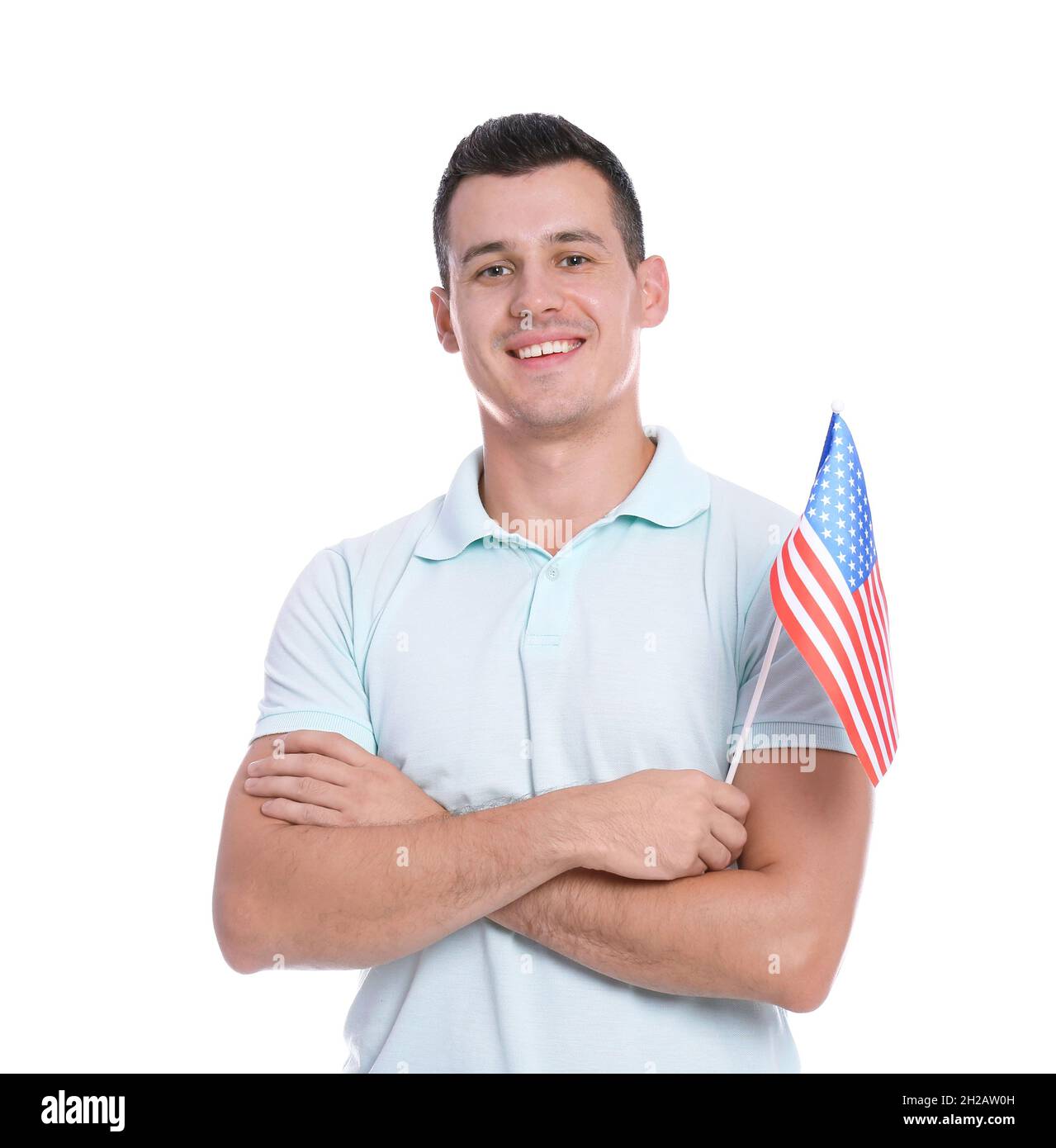 Portrait of man with American flag on white background Stock Photo - Alamy