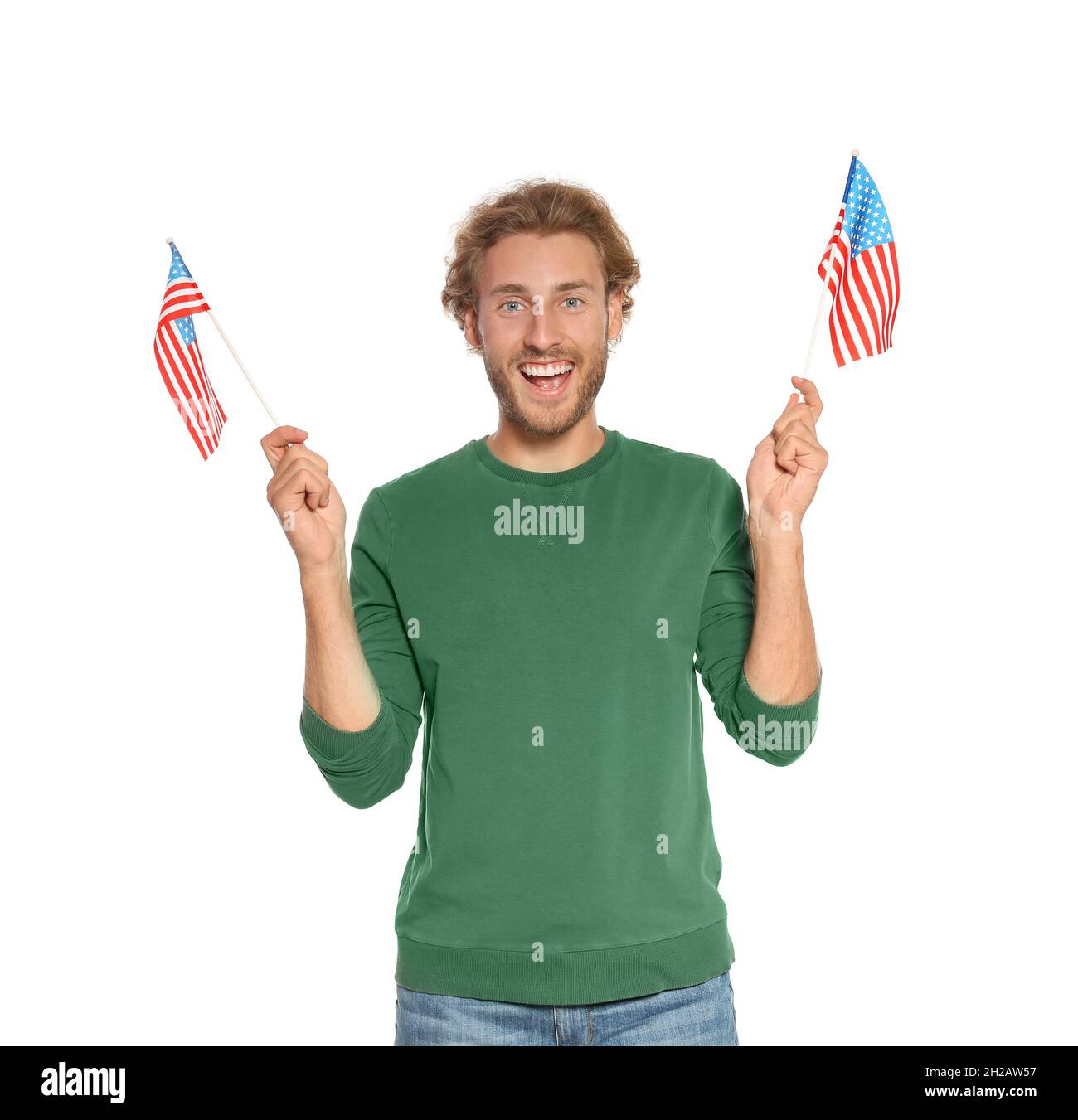 Young man with American flags on white background Stock Photo - Alamy