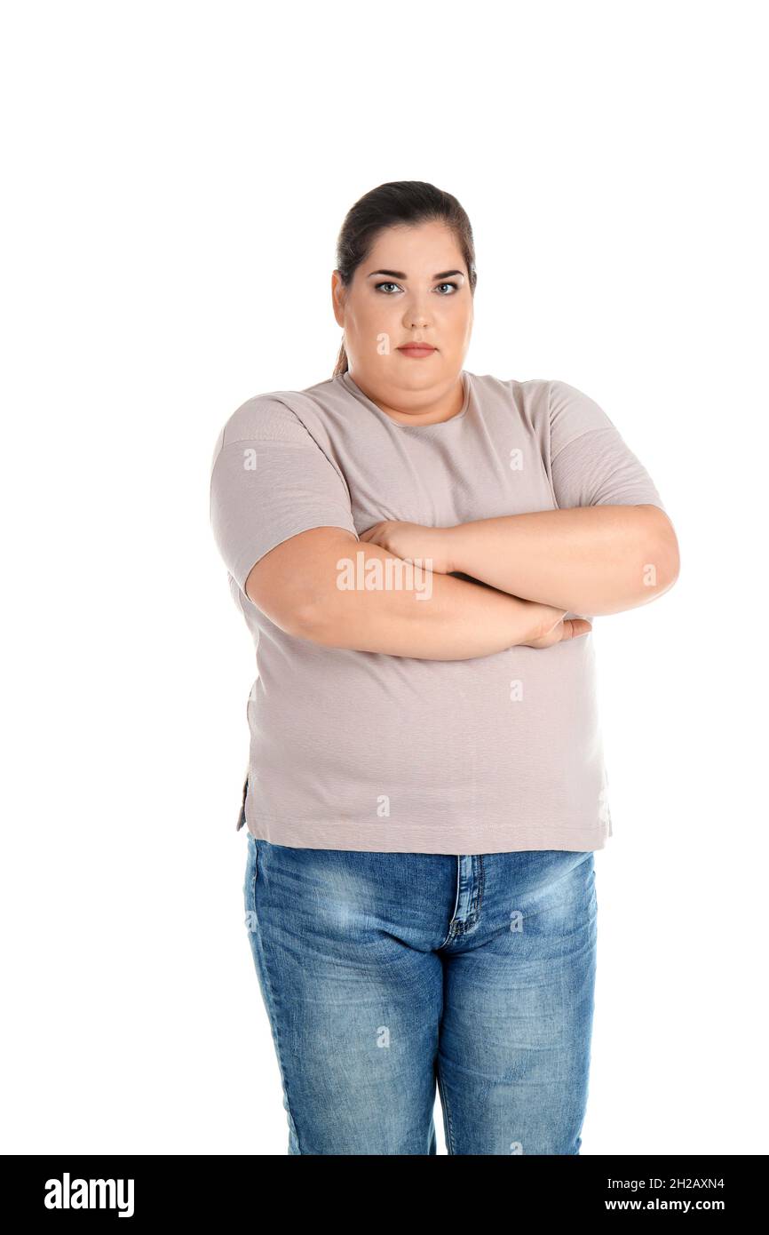 Portrait of overweight woman on white background Stock Photo - Alamy