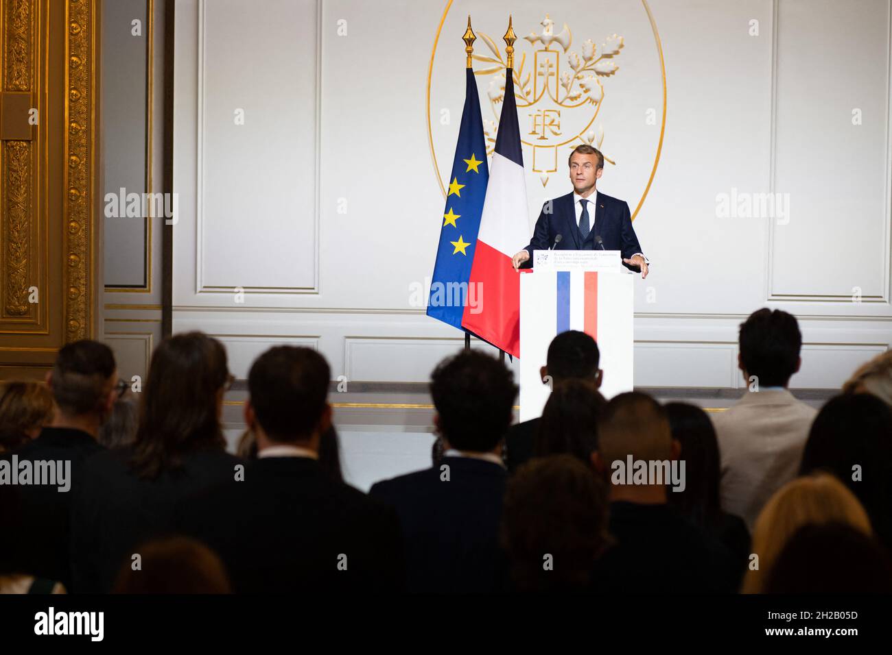 Paris, France, October 20, 2021. President Emmanuel Macron delivers a ...