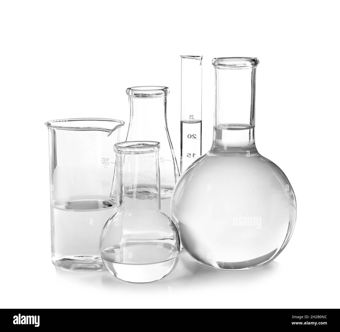 Flasks with liquid on white background. Laboratory analysis equipment ...