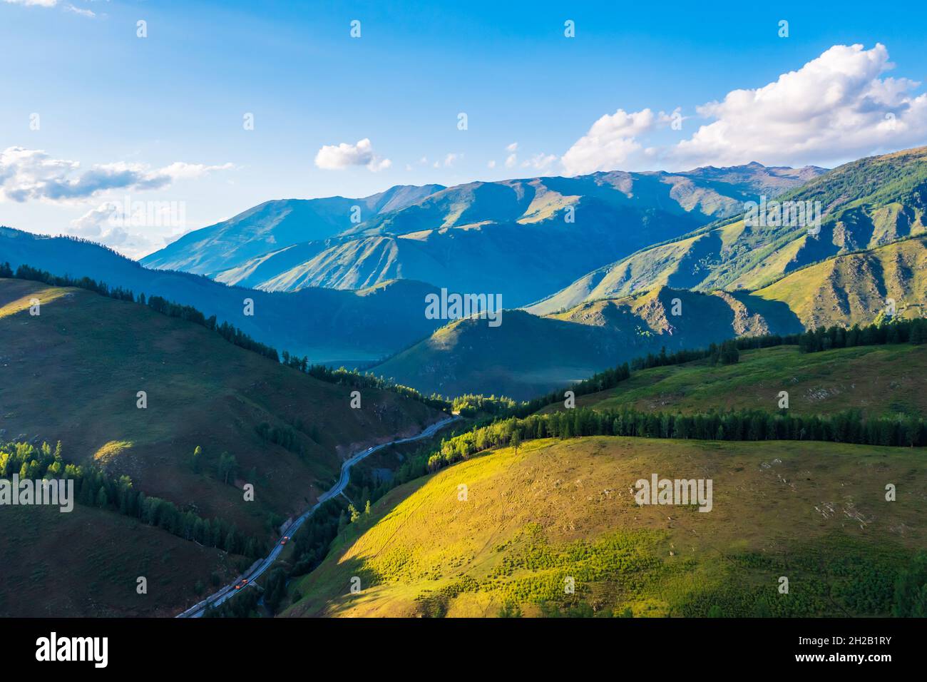 Aerial View of mountain and green forest with grass in Kanas Scenic ...