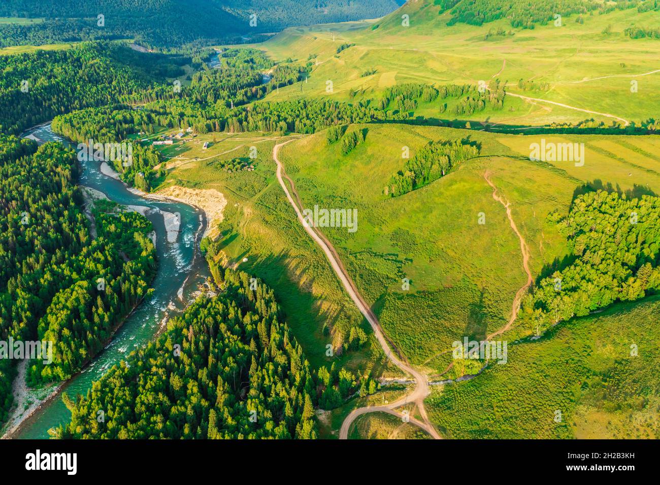 Mountain and forest with river natural scenery in Hemu Village,Xinjiang ...