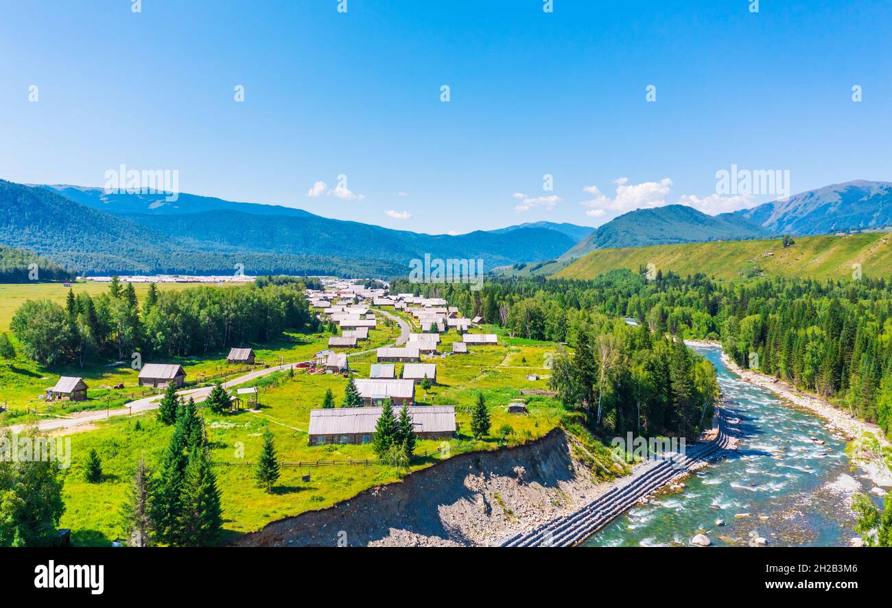 Beautiful Hemu Village with natural scenery in Xinjiang,green mountain ...