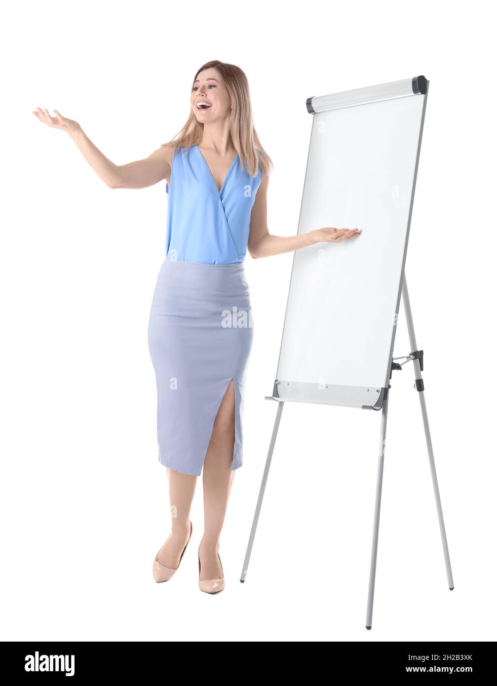 Female business trainer giving presentation against white background ...
