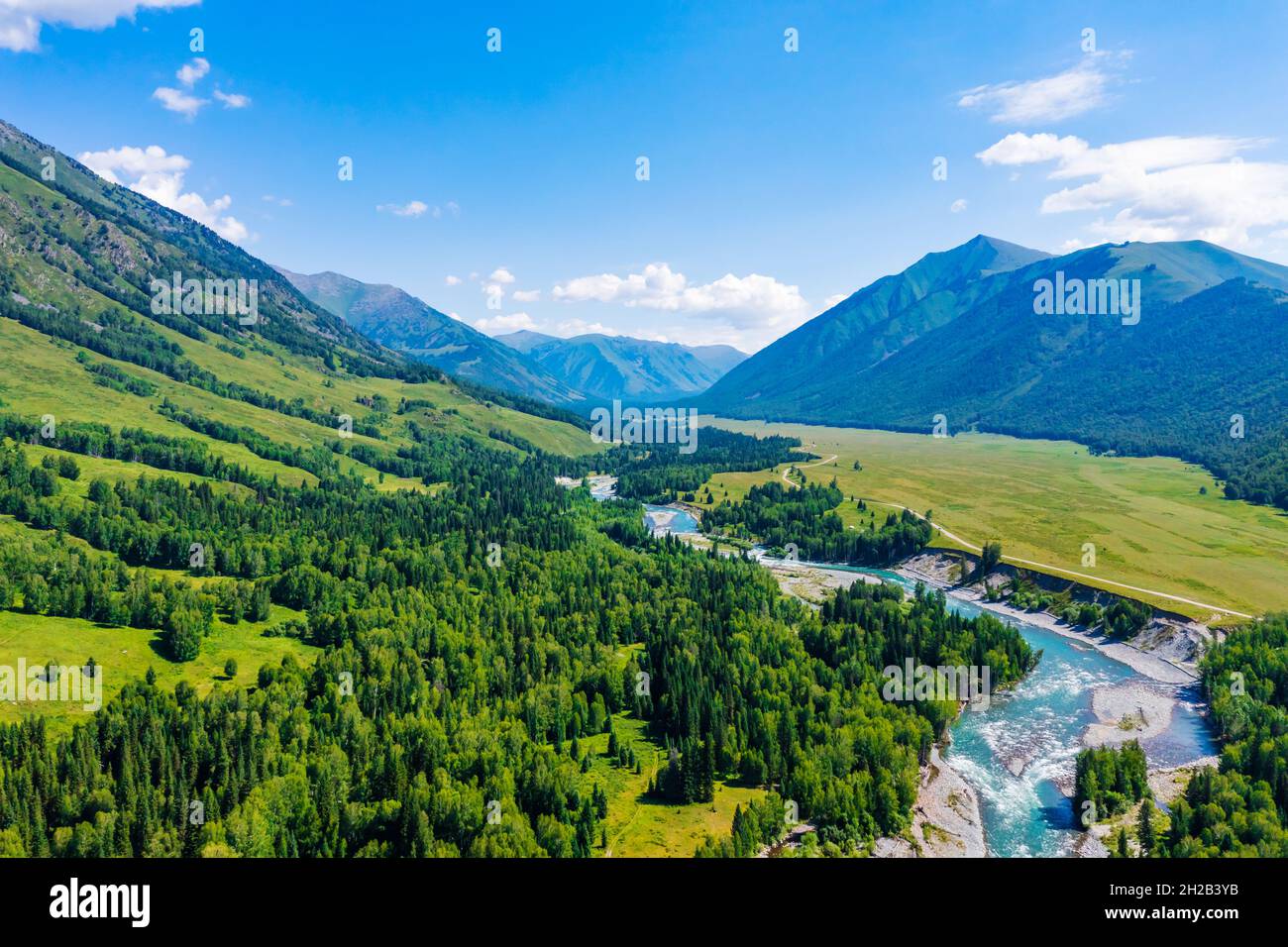 Mountain and forest with river natural scenery in Hemu Village,Xinjiang ...
