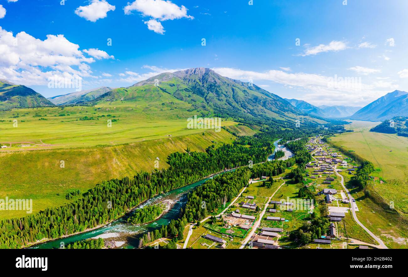 Beautiful Hemu Village with natural scenery in Xinjiang,green mountain ...