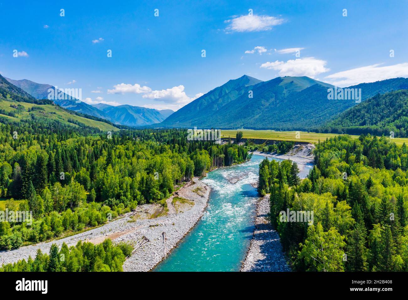 Mountain and forest with river natural scenery in Hemu Village,Xinjiang ...
