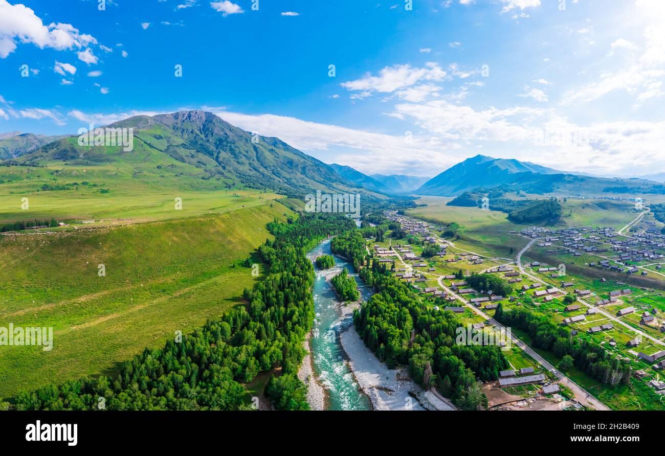 Beautiful Hemu Village with natural scenery in Xinjiang,green mountain ...