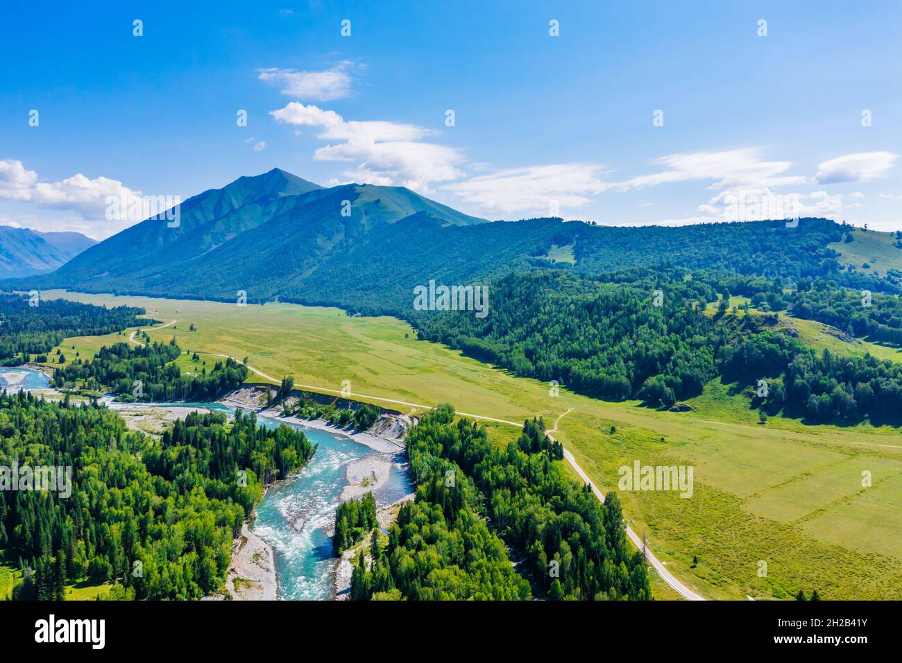 Mountain and forest with river natural scenery in Hemu Village,Xinjiang ...
