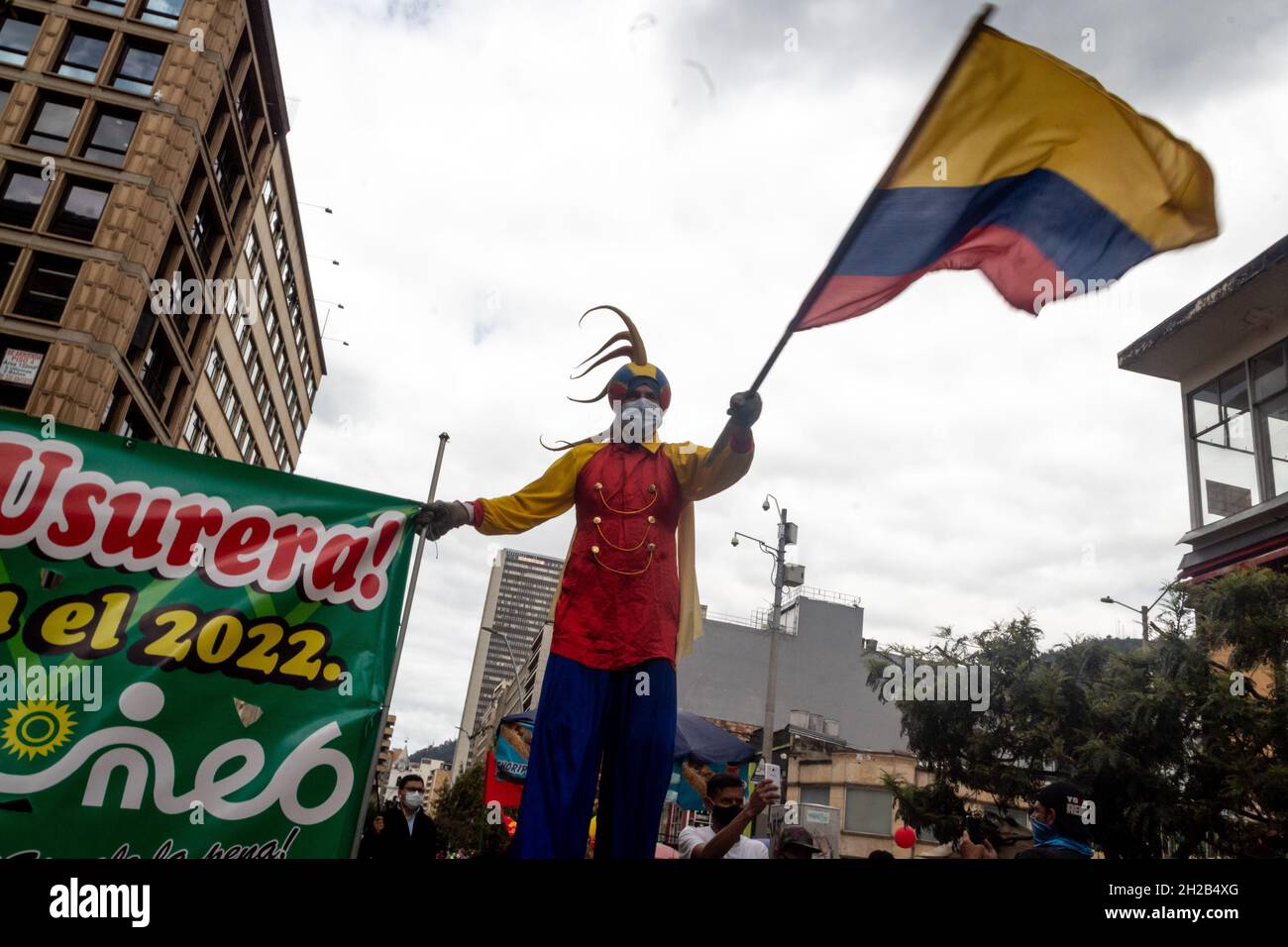 Bogota, Colombia, October 20, 2021. A demonstrator waves a Colombian ...