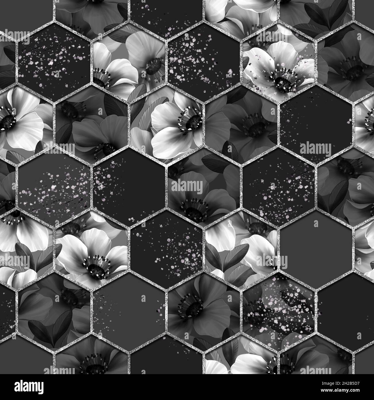 Decorative pattern. Hexagon seamless texture with anemone flowers Stock ...