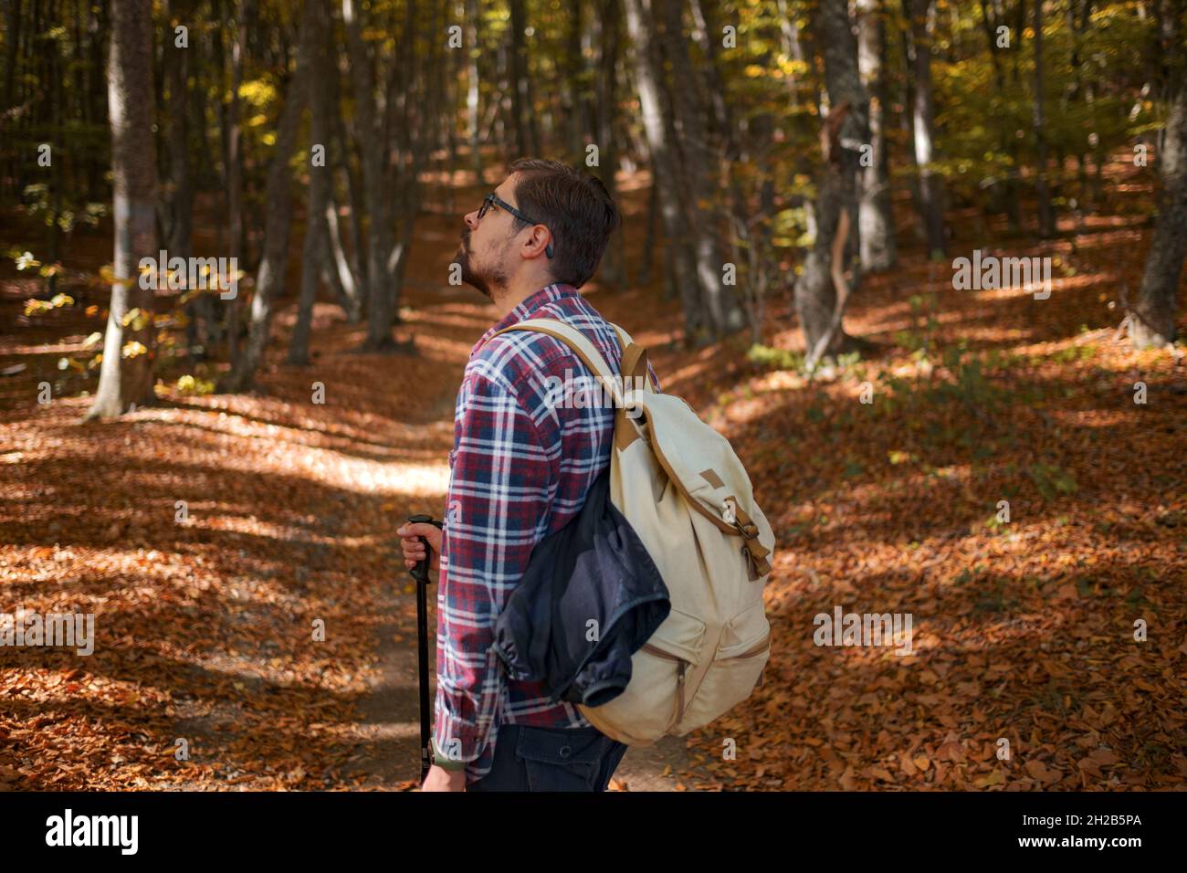 Caucasian hipster male model outdoors in nature. Colorful landscape ...