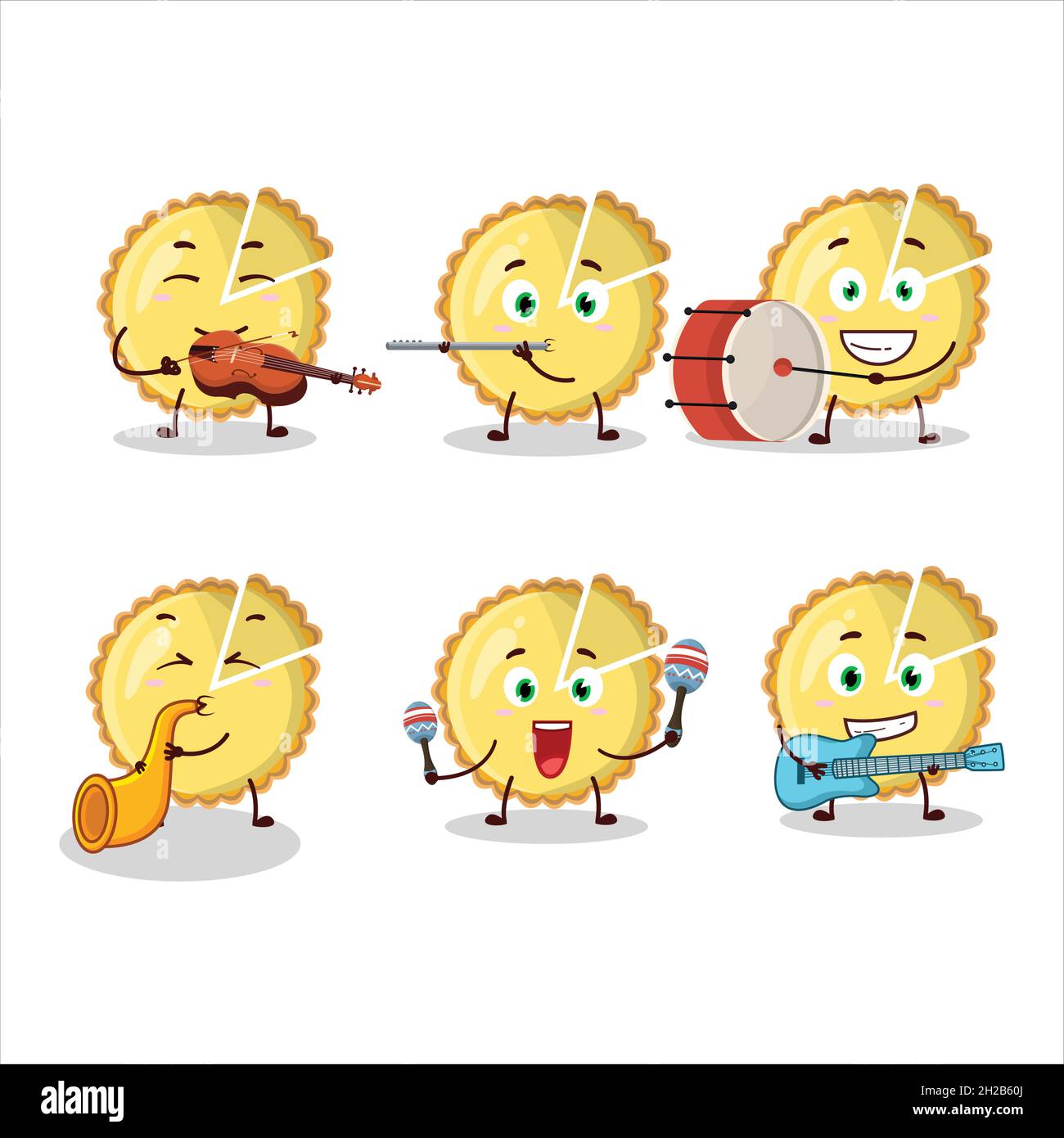 Cartoon character of lemon tart playing some musical instruments ...