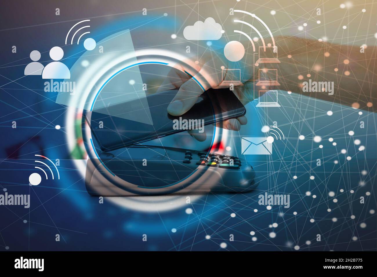 Businessman on blurred background using free wifi hotspot interface 3D ...