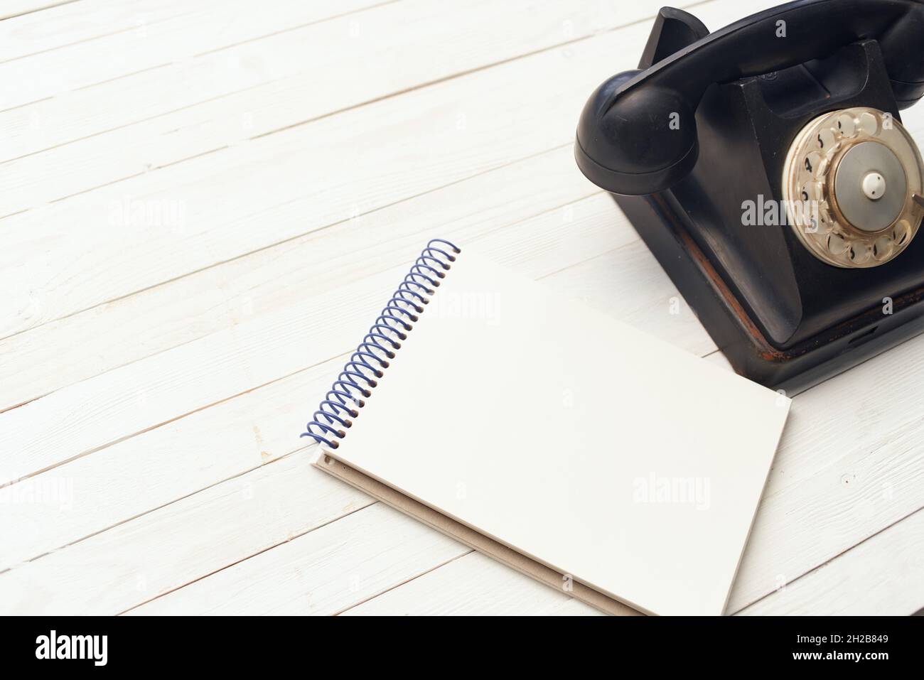 retro telephone notepad wooden table top view Stock Photo - Alamy