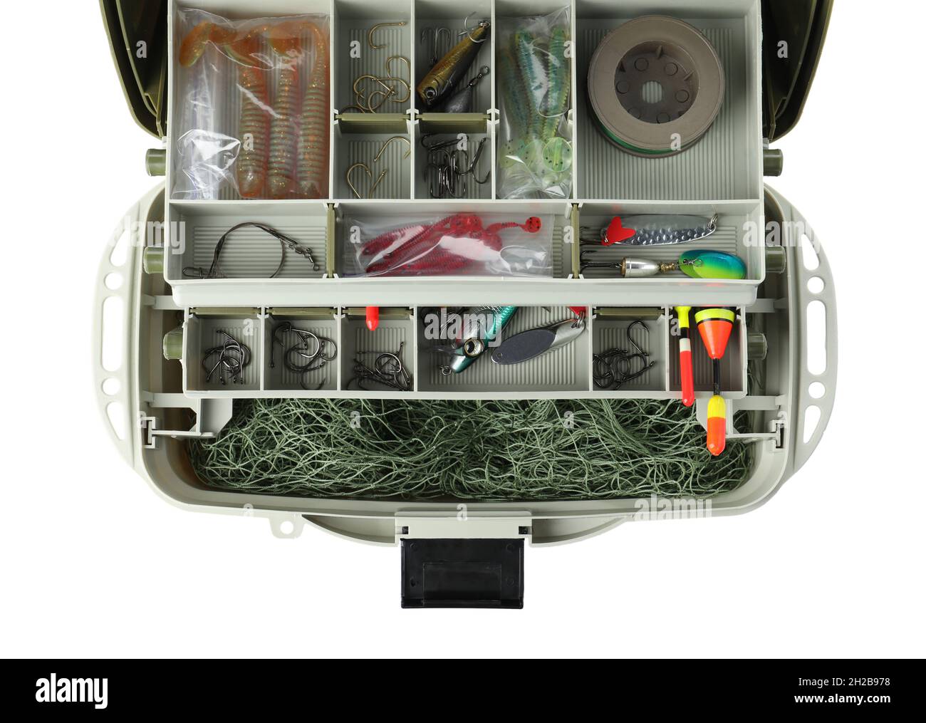 Box with fishing tackle on white background, top view Stock Photo - Alamy