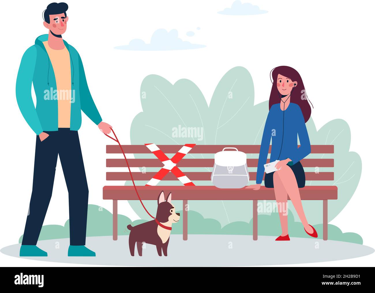 A man walks a bulldog dog. People keep their distance in the park. A ...