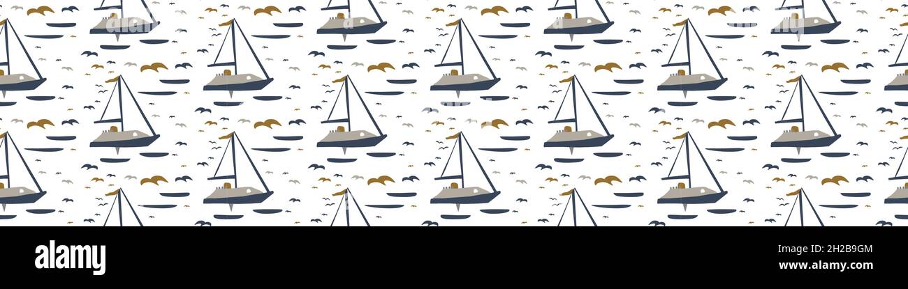 Masculine drawn boat doodle motif seamless pattern. Classic retro ...