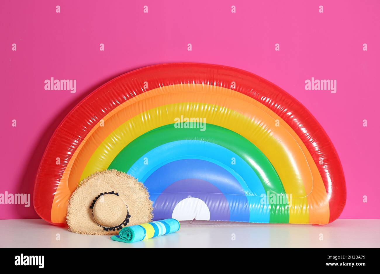 Beach objects near color wall. Summer vacation Stock Photo - Alamy