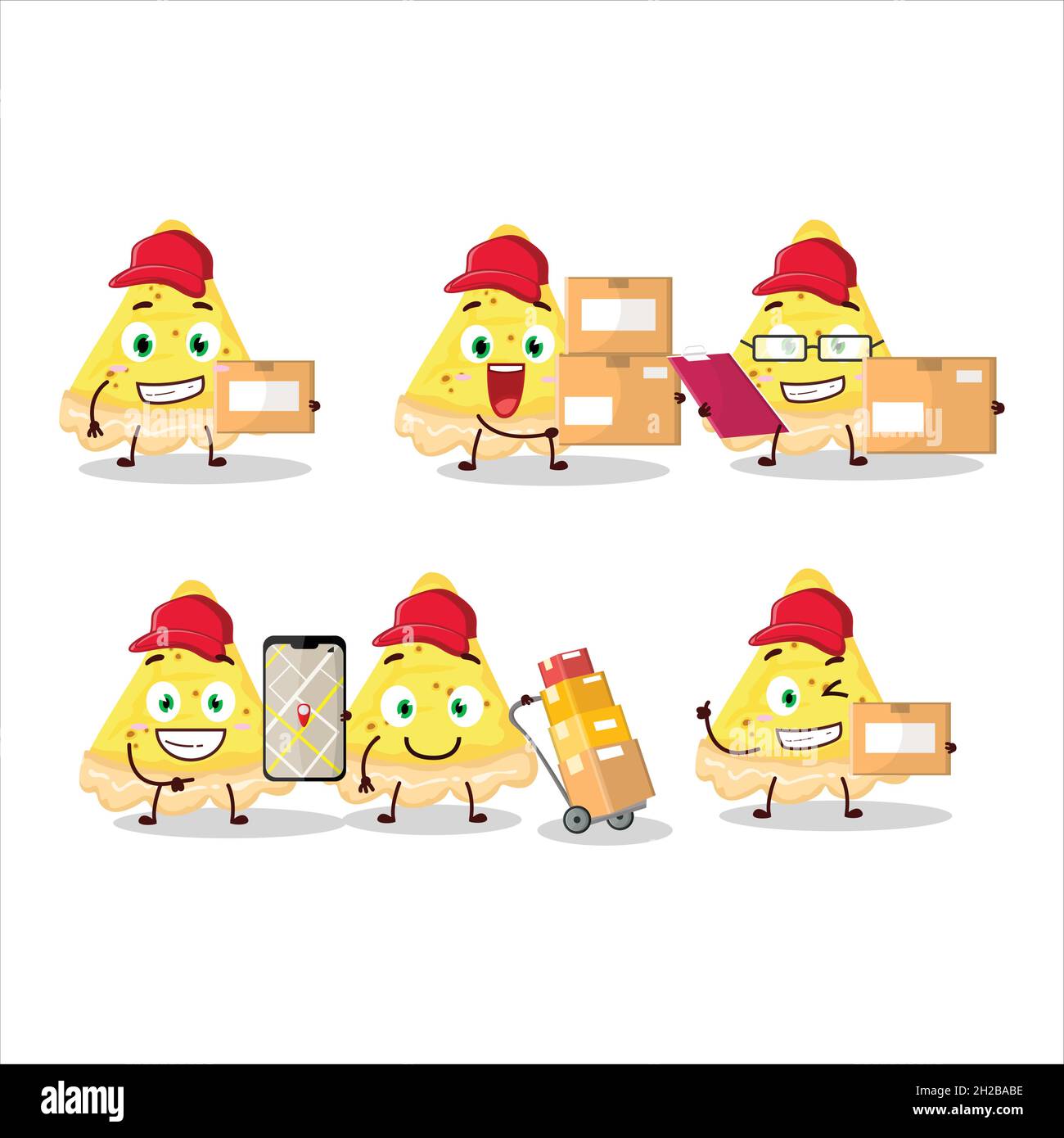 Cartoon character design of slice of cheese tart working as a courier ...