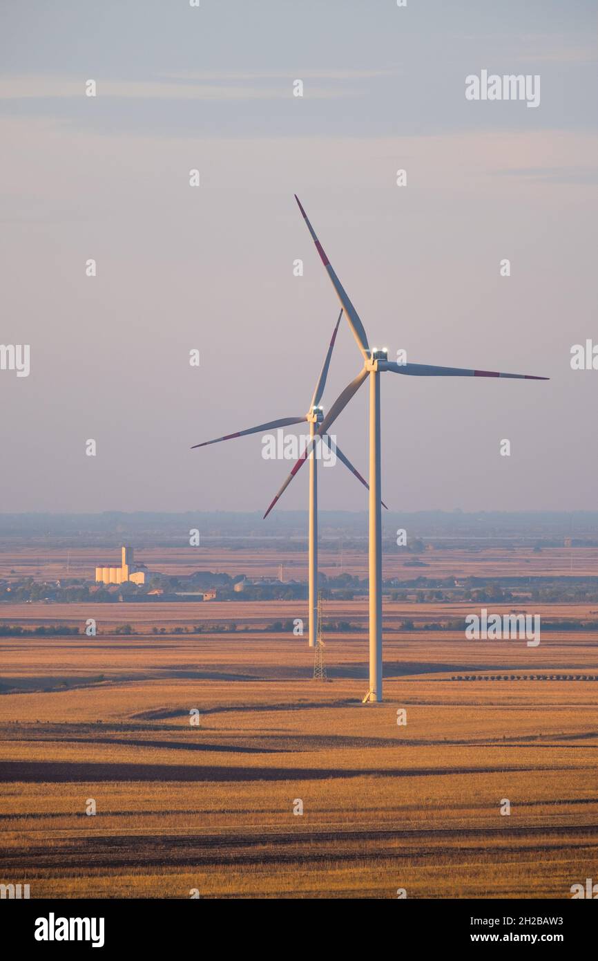 Wind turbines in Serbia, Europe. Late afternoon landscape image of wind ...