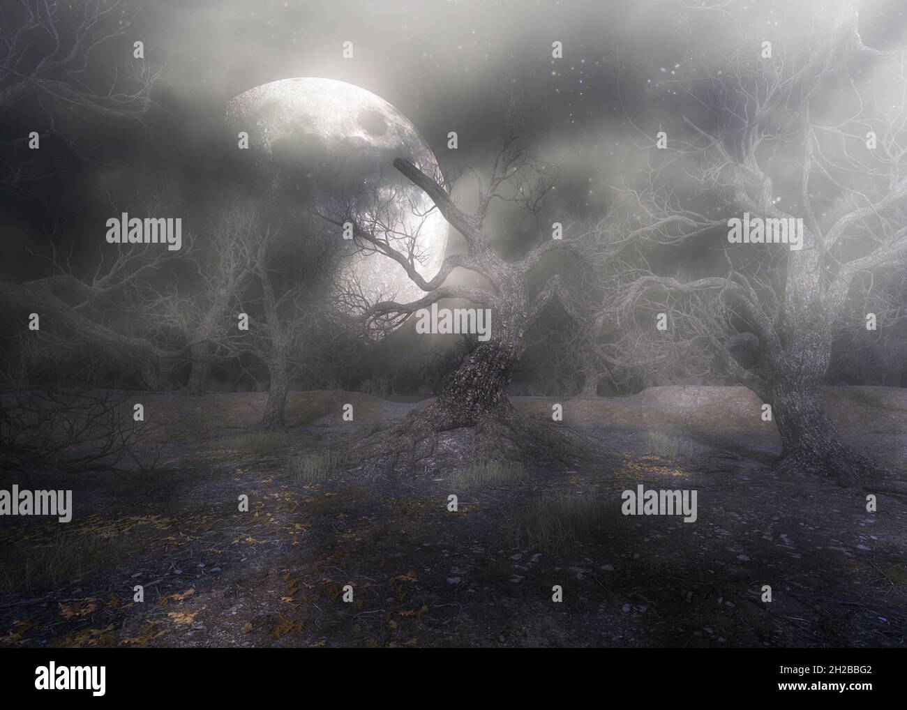 Abstract creepy leafless tree with skulls and full moon, elements for ...