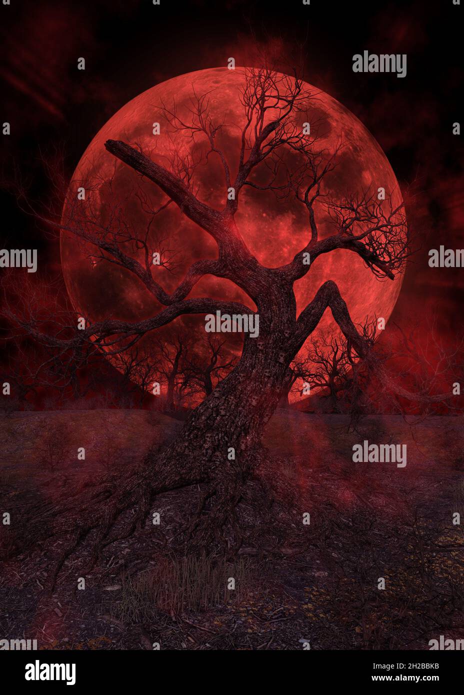 Abstract creepy leafless tree with skulls and full moon, elements for ...