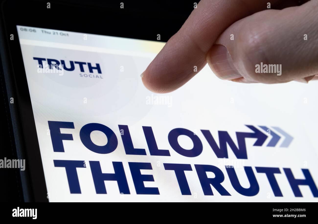 Truth Social app logo seen on the smartphone and the Follow the fruth ...