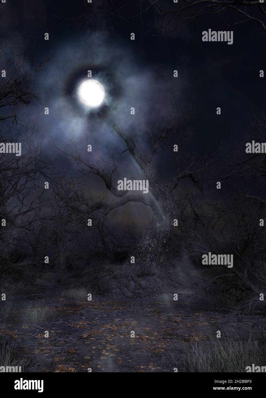 Abstract creepy leafless tree with skulls and full moon, elements for ...