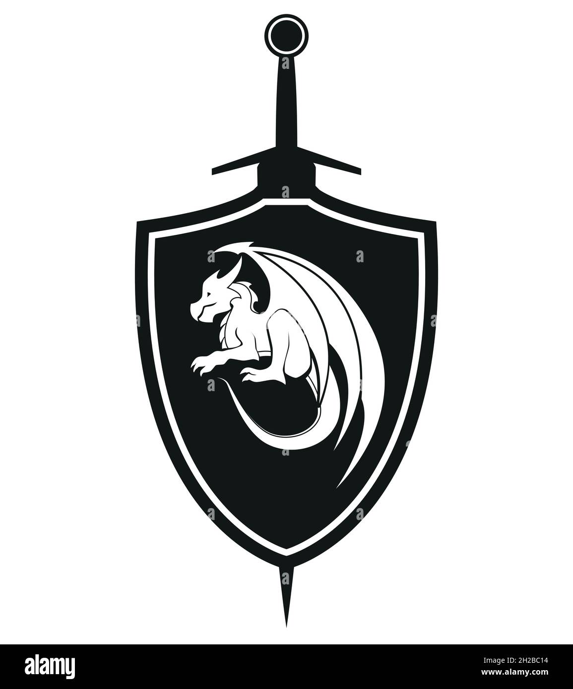 sword and shield with dragon symbol, black and white illustration ...