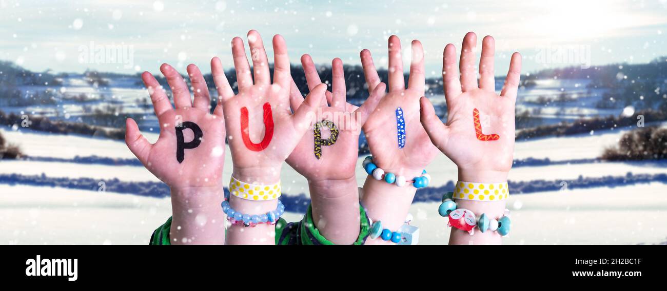 Children Hands Building Word Pupil, Snowy Winter Background Stock Photo ...