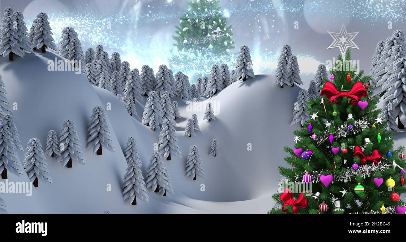Image of christmas tree with decorations over snow falling and winter ...