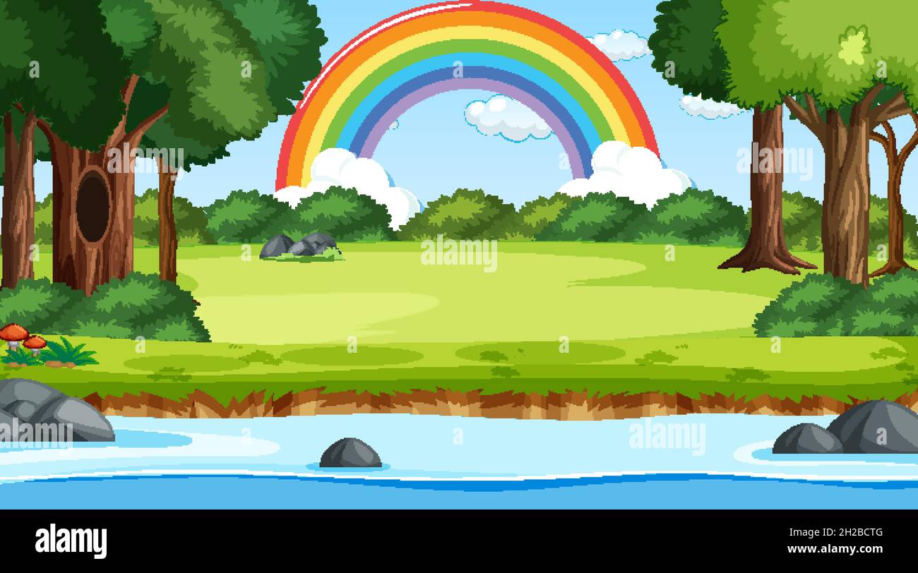 Nature scene background with rainbow in the sky illustration Stock ...