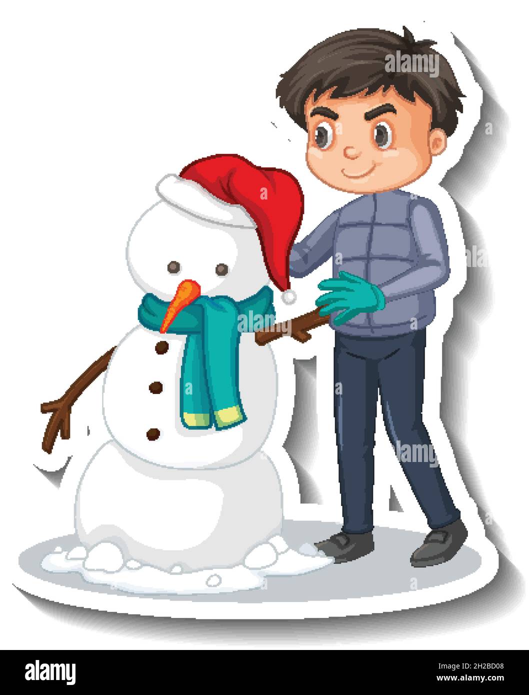 Boy building a snowman cartoon sticker illustration Stock Vector Image ...