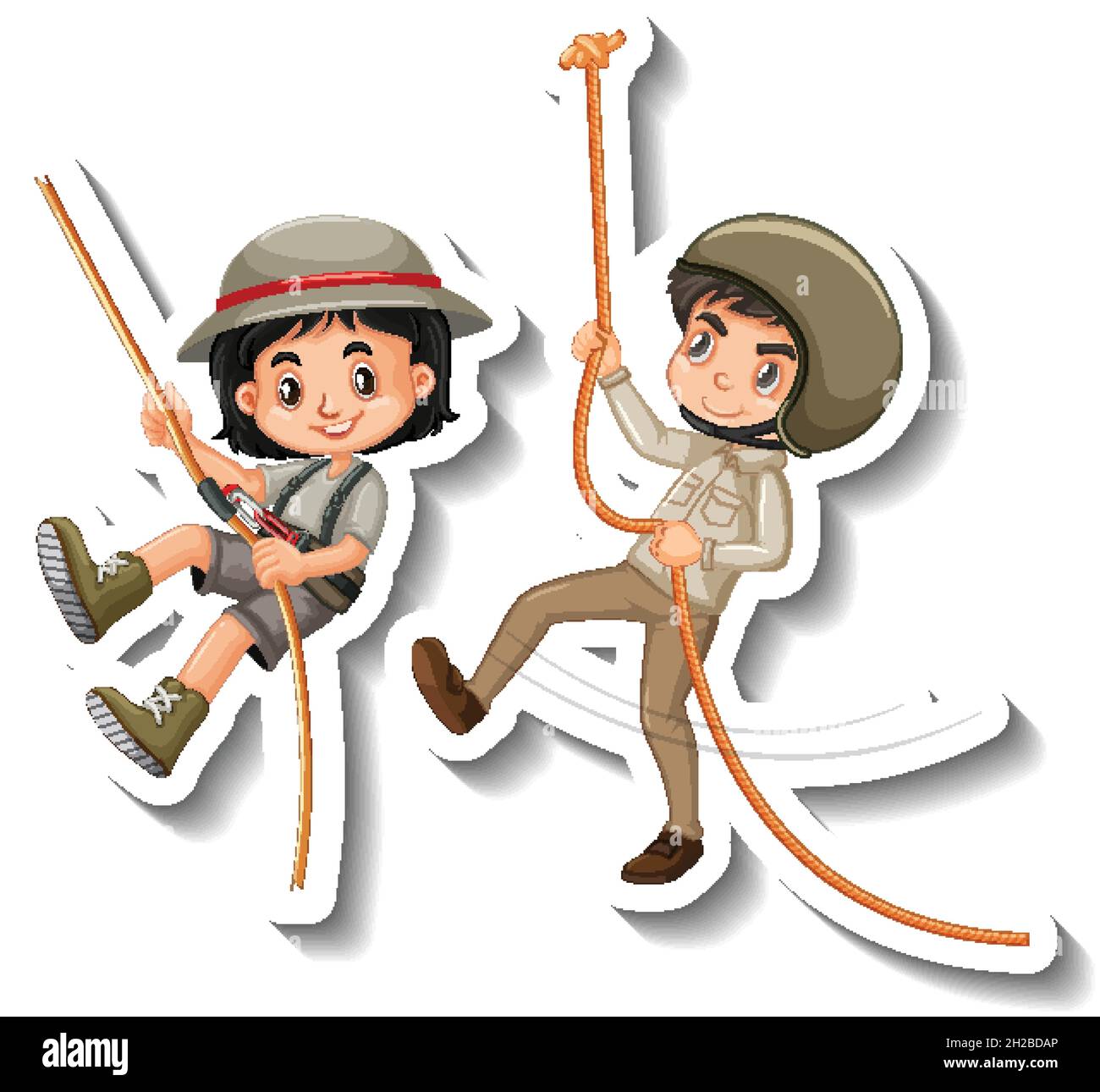 Couple kids hanging on rope cartoon character sticker illustration ...