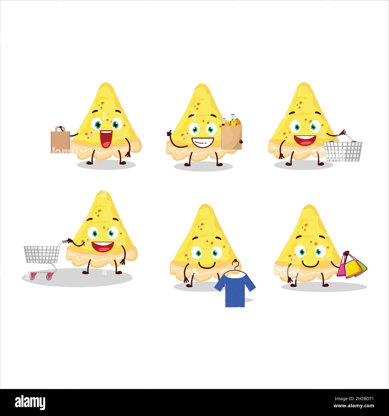 A Rich slice of cheese tart mascot design style going shopping. Vector ...