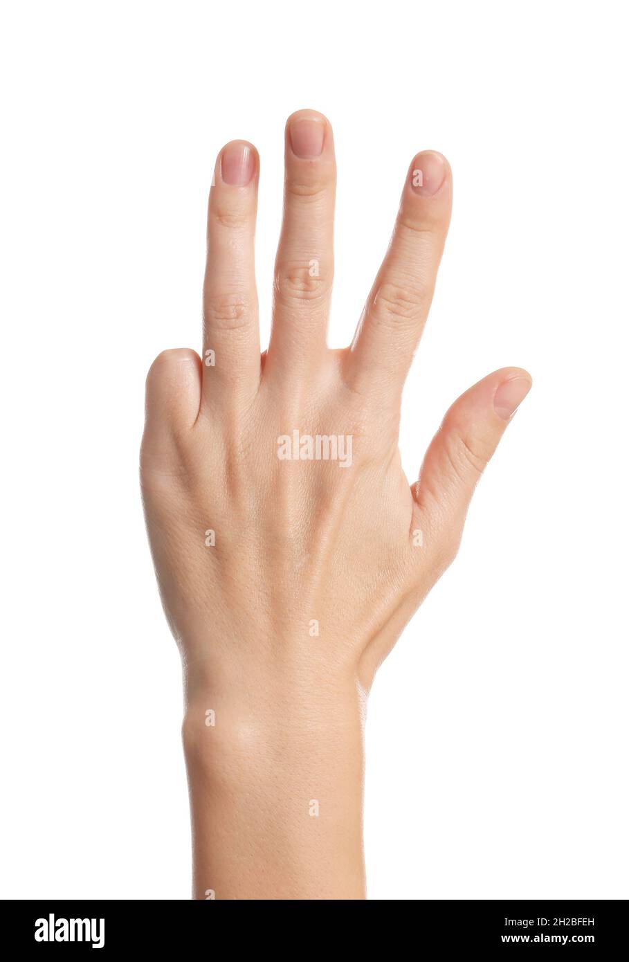 Woman showing hand on white background, closeup Stock Photo - Alamy