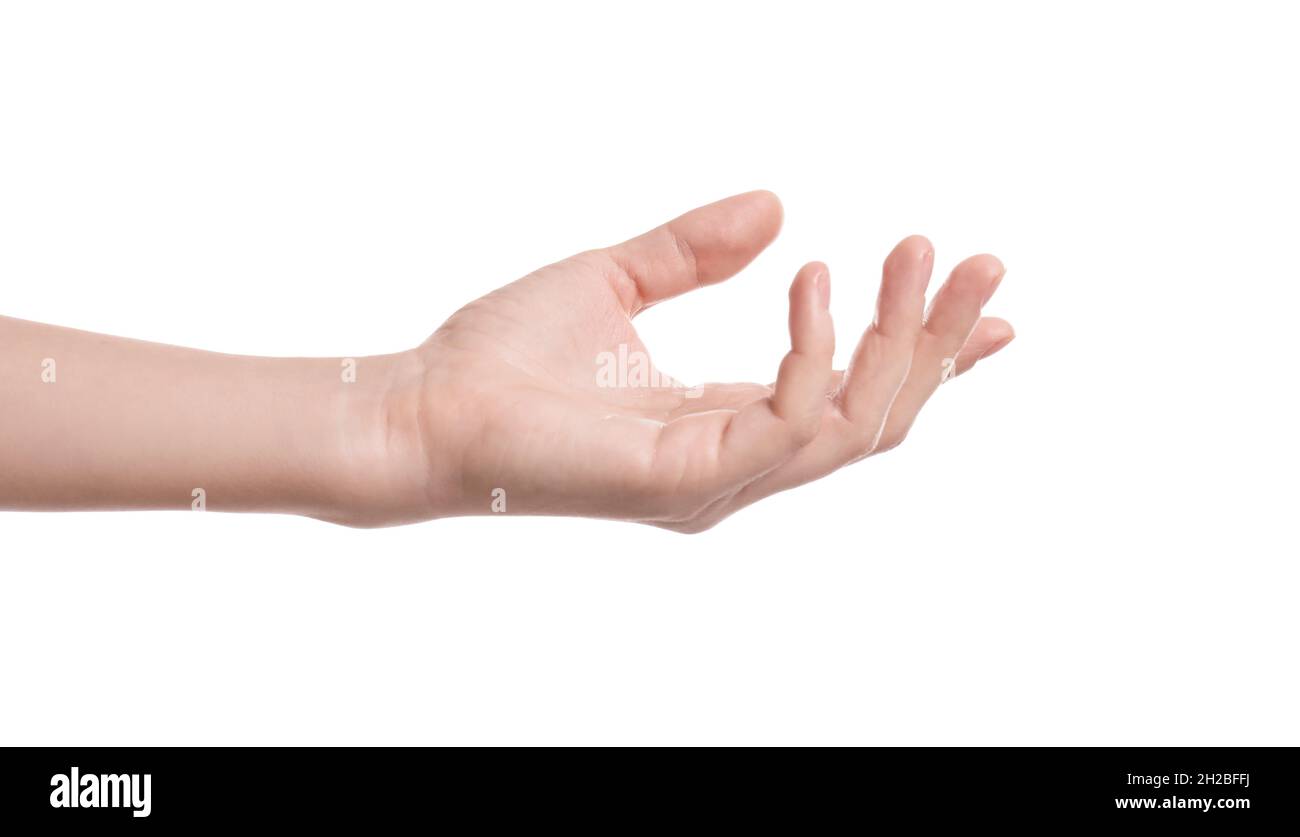 Woman holding something in hand on white background, closeup Stock ...