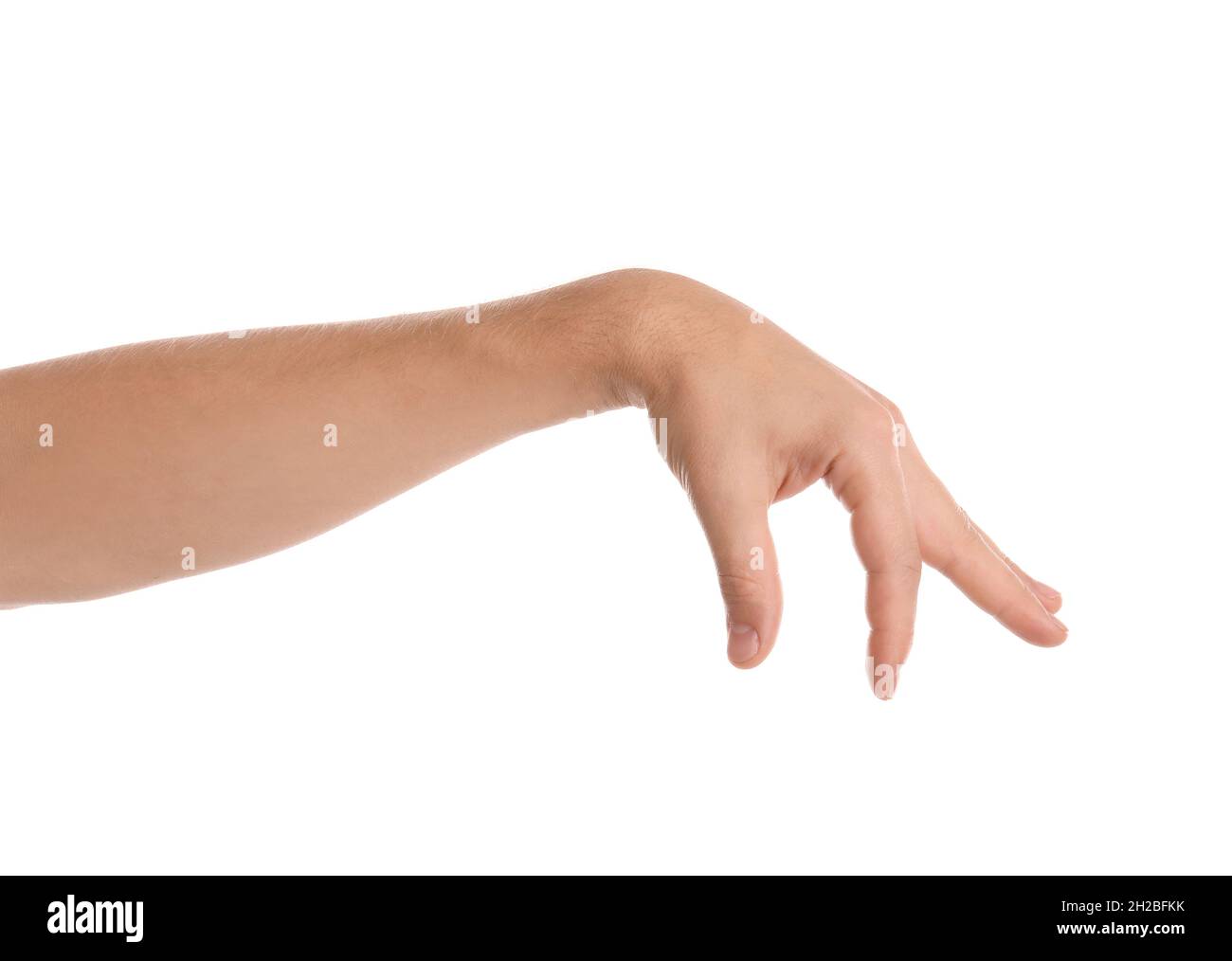 Man holding something in hand on white background, closeup Stock Photo ...