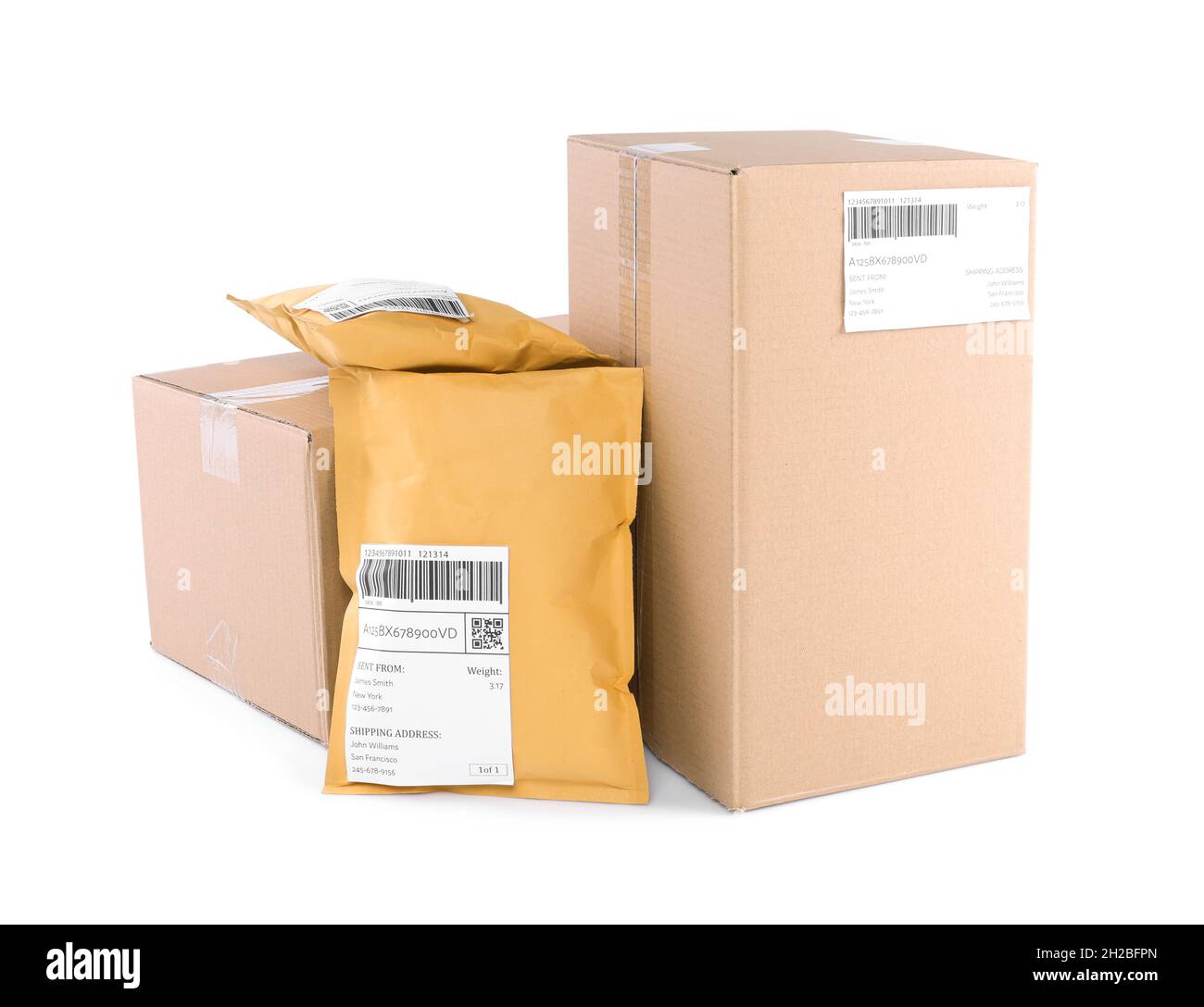 Padded envelopes and cardboard parcels on white background Stock Photo ...