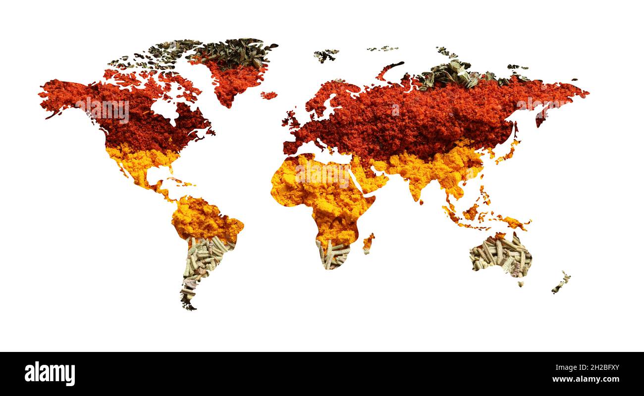 World map of different aromatic spices on white background. Creative ...