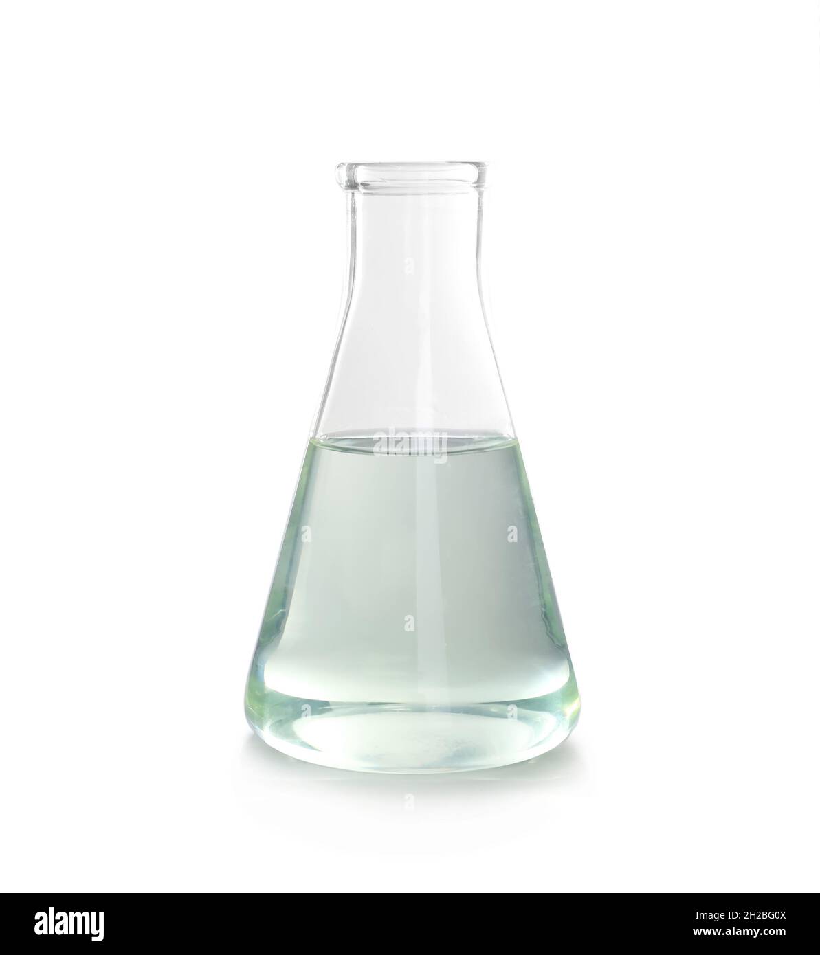 Conical flask with liquid on white background. Laboratory analysis ...