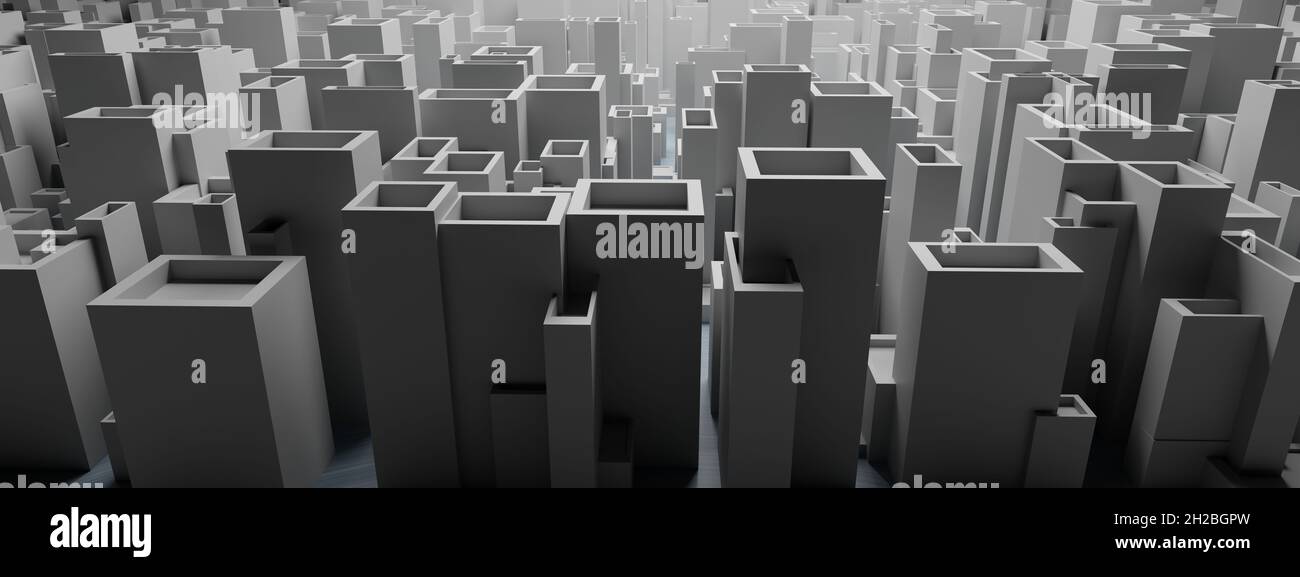 Horizontal 3D rendered futuristic illustration with cubical gray blocks ...