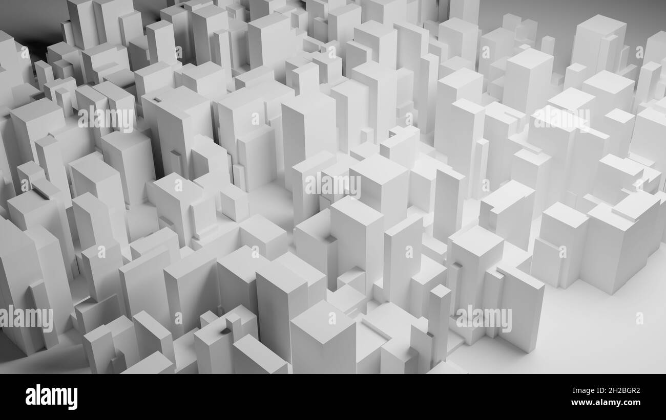 Futuristic 3D rendered random shaped cubical surface with white blocks ...