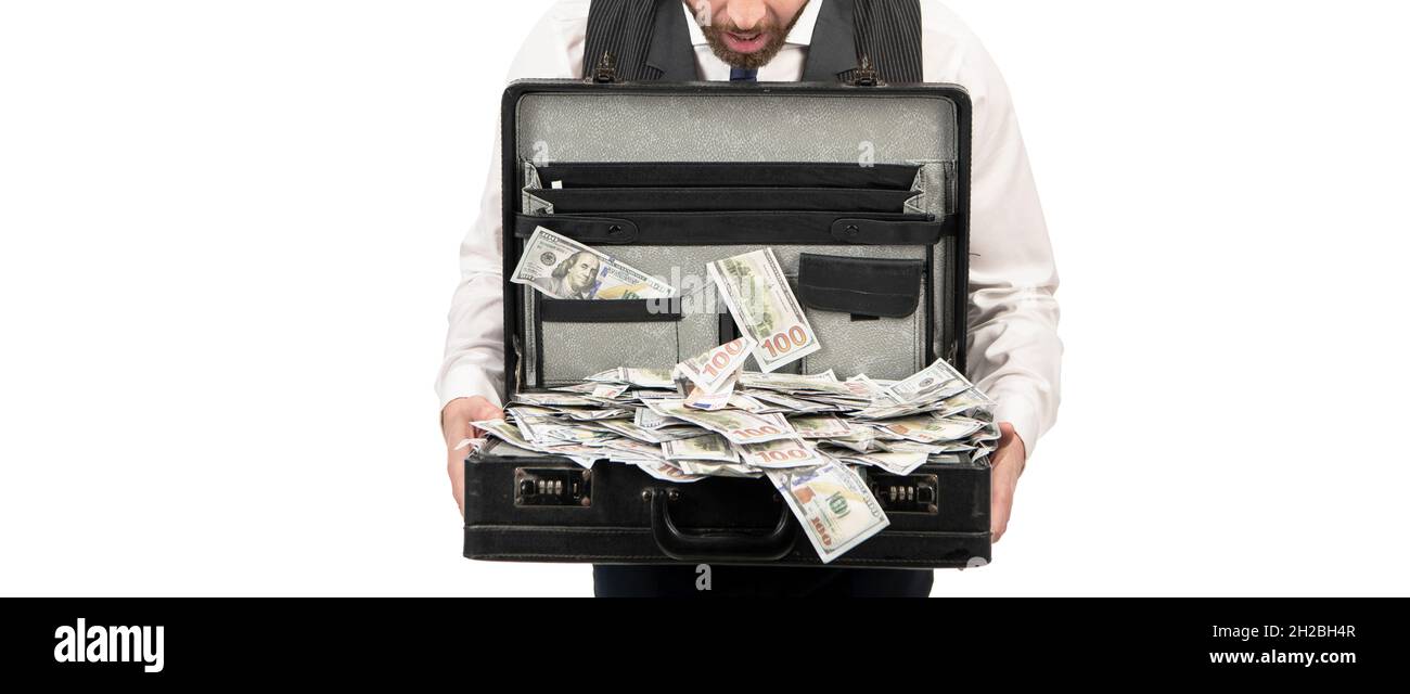 cropped briber holding case full of dollar cash isolated on white ...