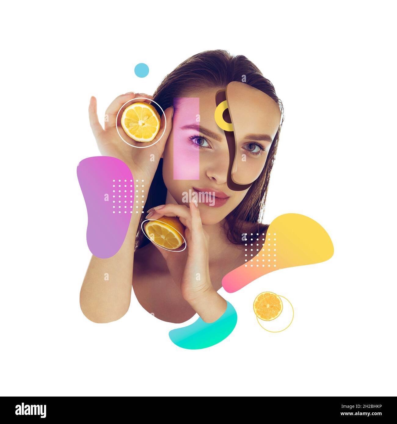 Contemporary art collage of beautiful woman with lemons and colorful ...