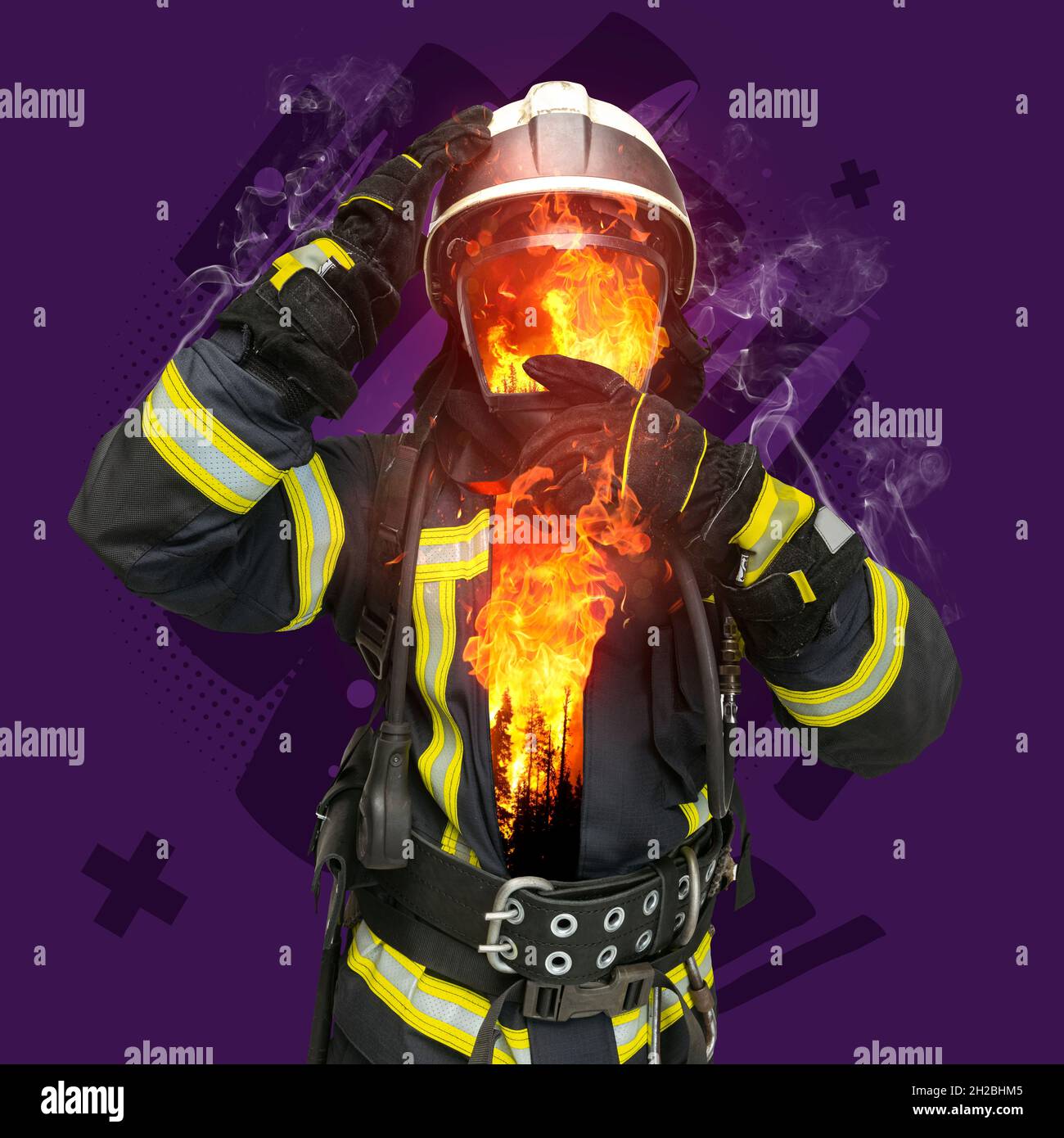 Contemporary art collage of firefighter with burning forest element ...